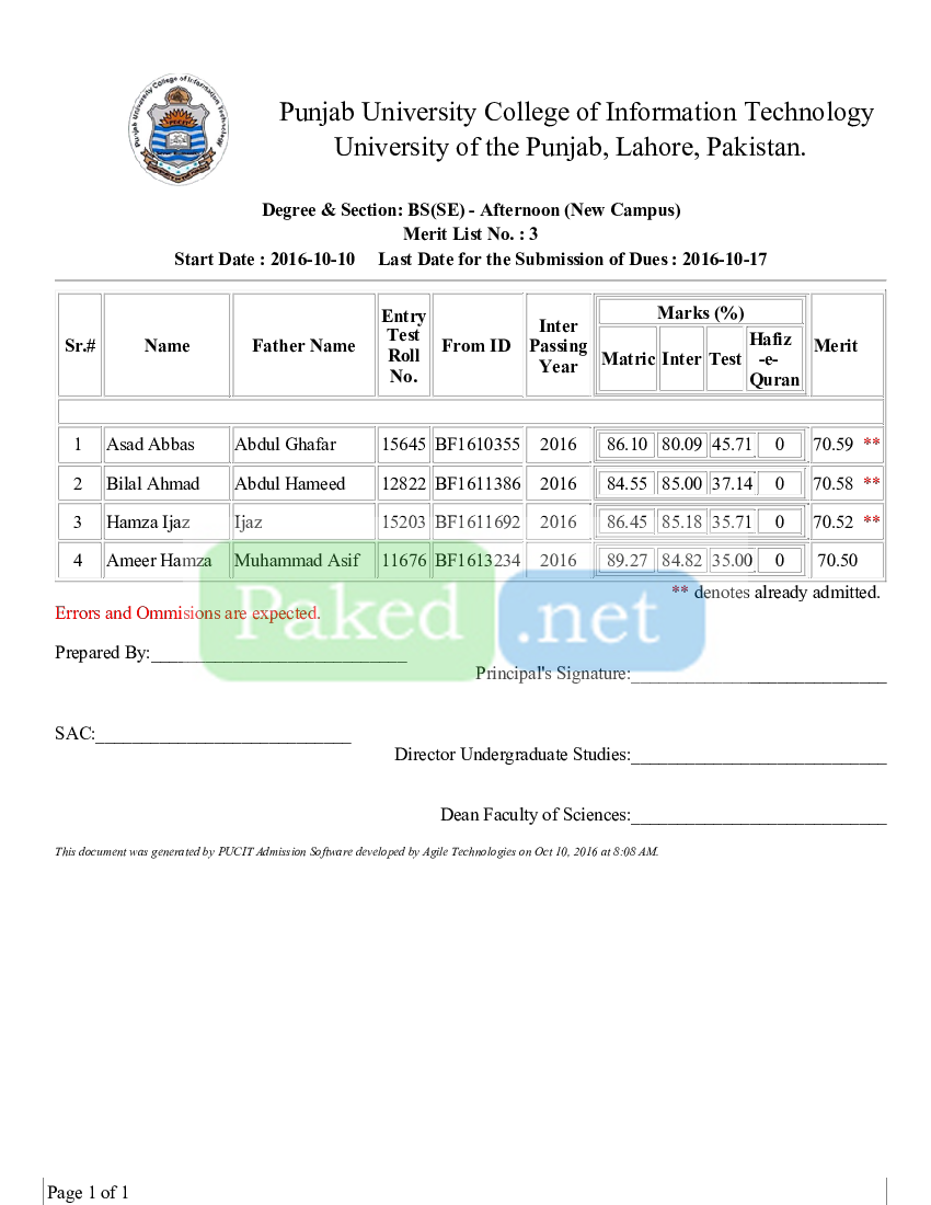Punjab University Lahore (PU) - Third Merit List BS (SE) - Afternoon (New Campus) 2016